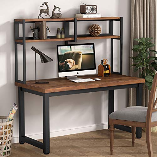 Tribesigns Solid Wood Computer Desk with Hutch, Vintage Industrial 55 ...