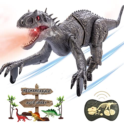 Remote Control Dinosaur Jurassic T Rex Toys for Boys Electronic RC Spray Raptor Toy LED Lightup ...