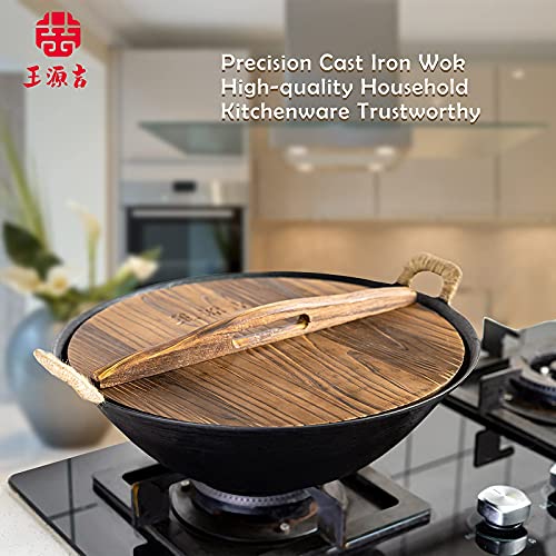 WANGYUANJI Handmade Cast Iron Wok 14.2" Large Woks Stir-Fry Pans with ...