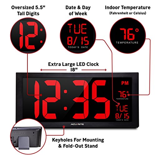 AcuRite Large Digital LED Oversized Wall Clock with Date, Temperature ...