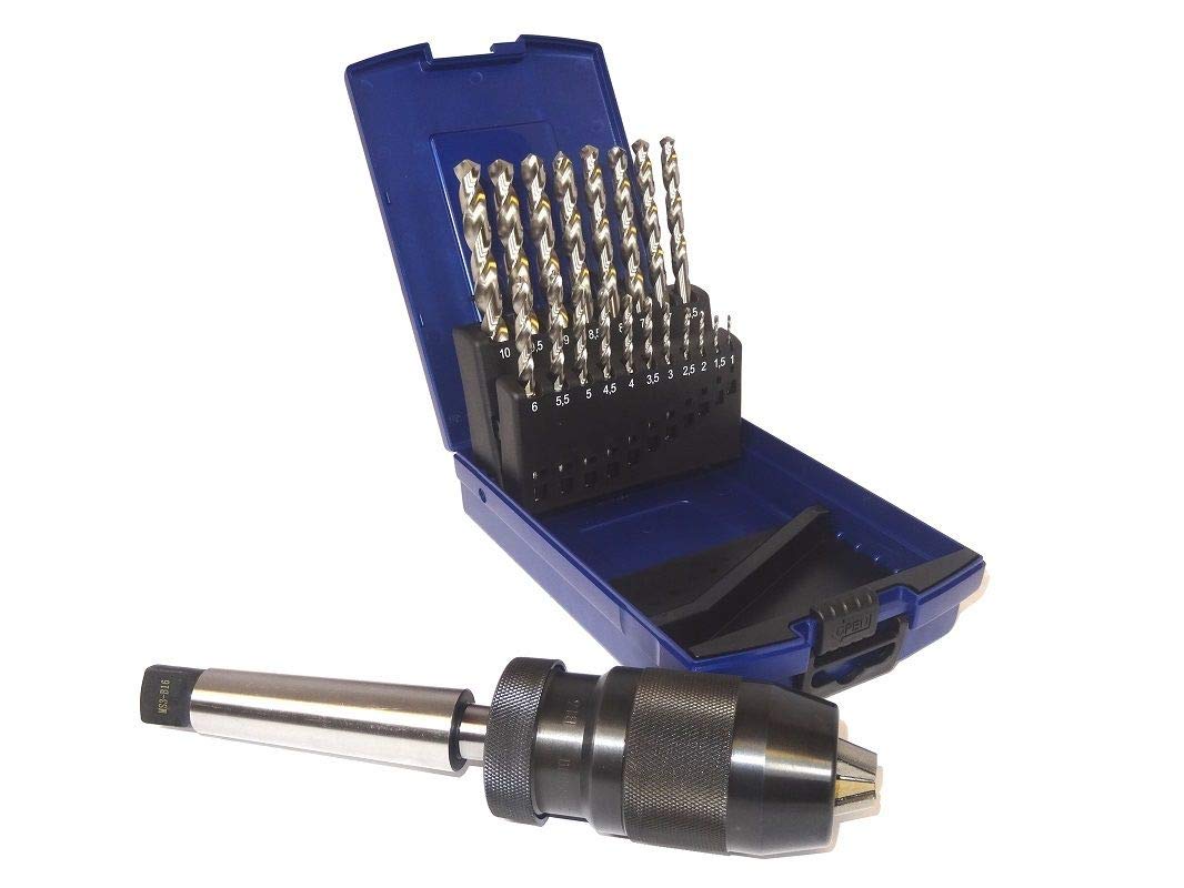 Bohrfutter B16 3-16 mm mit Kegeldorn nach Wahl +19 Spiralbohrer HSS-G 1-10 mm (MK1 - Mit ...