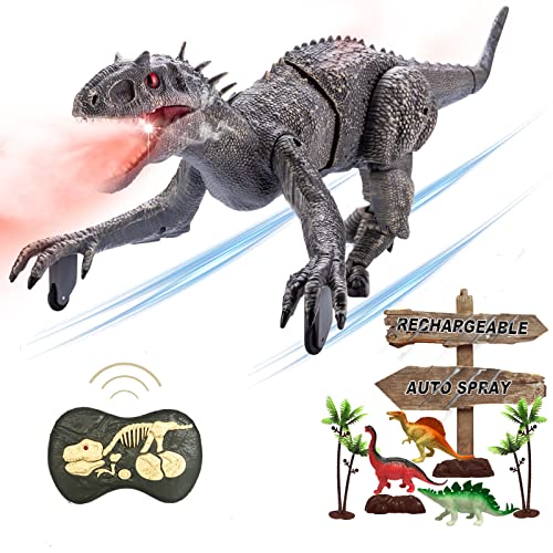 Remote Control Dinosaur Jurassic T Rex Toys for Boys Electronic RC Spray Raptor Toy LED Lightup ...