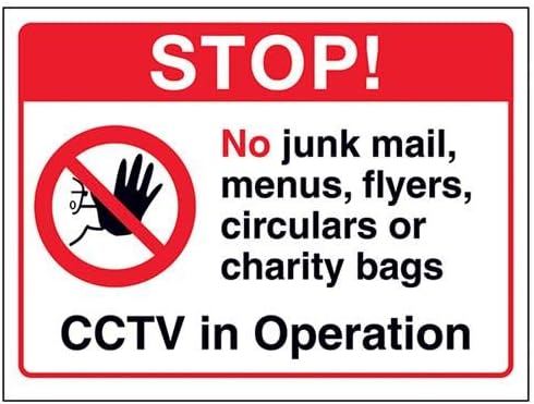 VSafety Stop! No Junk Mail, Menus or Charity Bags Sign – 200mm x 150mm ...