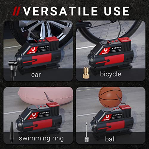 VacLife Tire Inflator, 12V DC/120V AC Portable Air Compressor with Auto-Shutoff Design, Fast ...