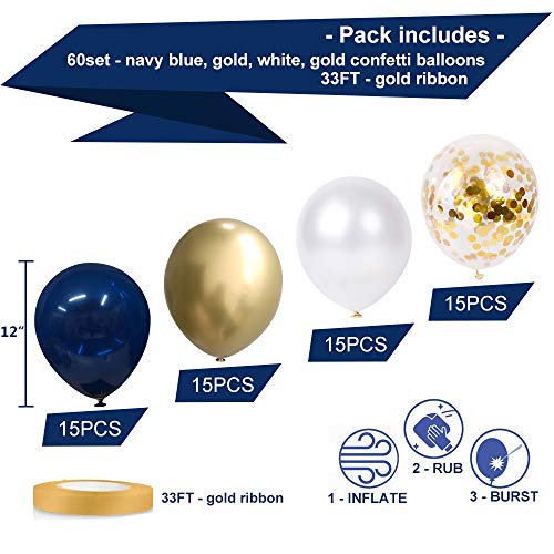 Navy Blue and Gold Confetti Balloons, 60 pcs 12 inch Pearl White and Gold Metallic Chrome Party ...