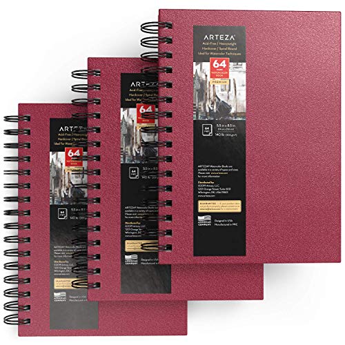 Arteza Watercolor Sketchbooks, 5.5x8.5-inch, 3-Pack, Pink Hardcover Journal, 96 Sheets, 140lb ...