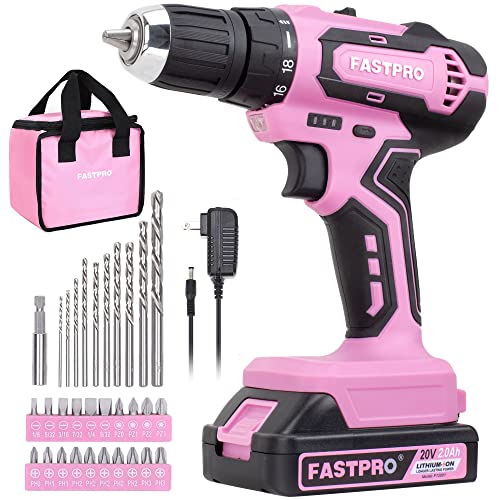 FASTPRO Pink Drill Set—20V Max Lithium-ion Cordless Drill Driver Set, 3 ...