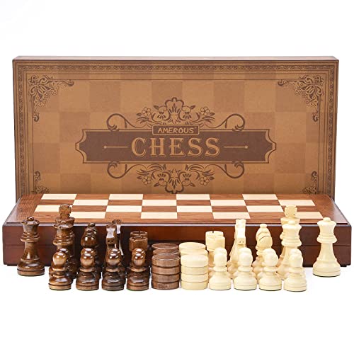AMEROUS Wooden Chess & Checkers Set with Upgraded Weighted Chess Pieces ...