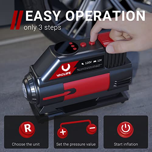 VacLife Tire Inflator, 12V DC/120V AC Portable Air Compressor with Auto-Shutoff Design, Fast ...