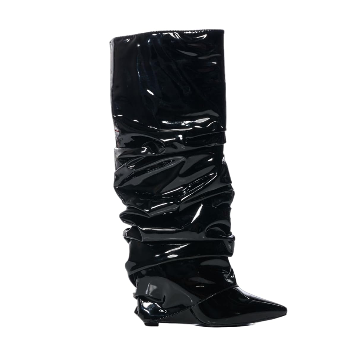 DETOGNI Women's Black Patent Wedge High Heel Boots Pointed Toe Slip-On ...