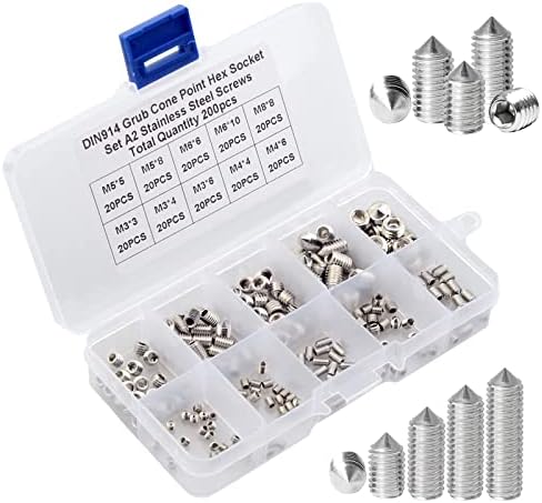 Stainless Steel Grub Cone Point Hex Socket Screws Set, 200 Pcs Metric Thread Socket Allen Key ...