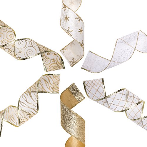 SANNO 2.5 inch 6 Rolls 36 Yards Christmas Wired Ribbon White Gold Wired ...
