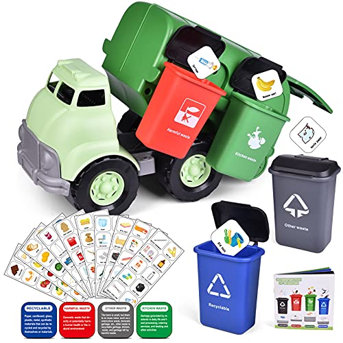 FUN LITTLE TOYS Garbage Truck Toy with 4 Rear Loader Trash Cans and ...