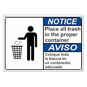 Weatherproof Plastic ANSI Notice Place Trash in Proper Container ...