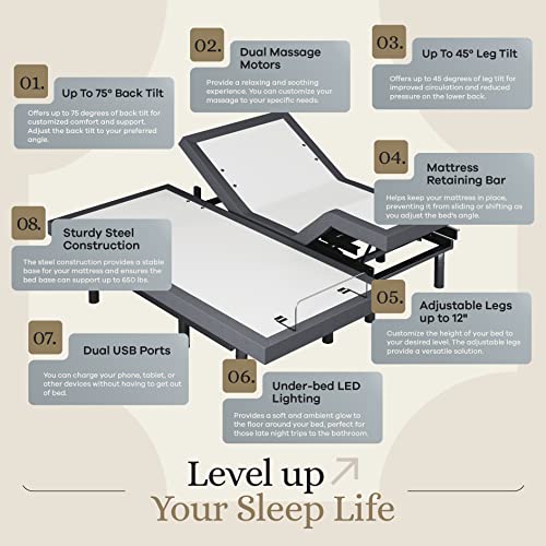 Sven & Son Split King Adjustable Bed Base Frame + 10" Luxury Cool Gel Memory Foam Mattress, Head ...