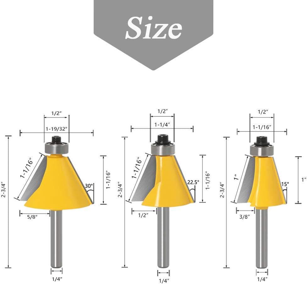 Mesee 3 Pieces Chamfer Edge Forming Router Bit Set, 1/4 Inch Shank ...