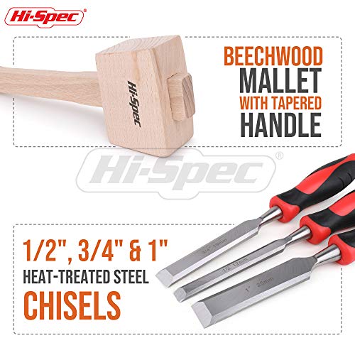 Hi-Spec 4 Piece Mallet & Wood Chisel Set. 1/2", 3/4" & 1" Steel Chisels ...