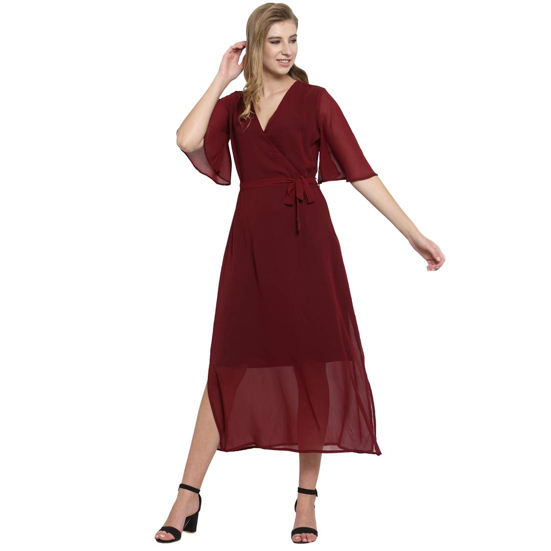 Buy Color Cocktail Women's Plain Maroon Color Georgette Dress at Amazon.in