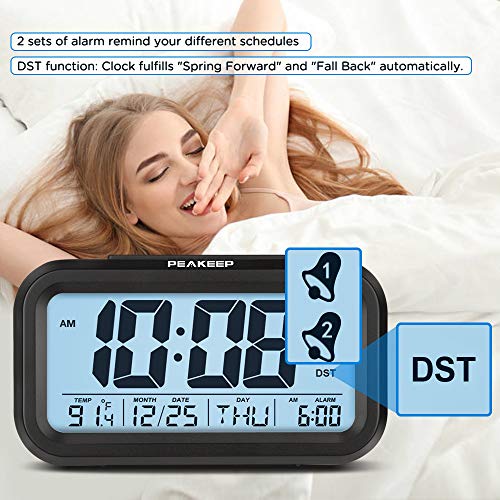 PEAKEEP DST Battery Digital Dual Alarm Clock, Low High Nightlight for ...