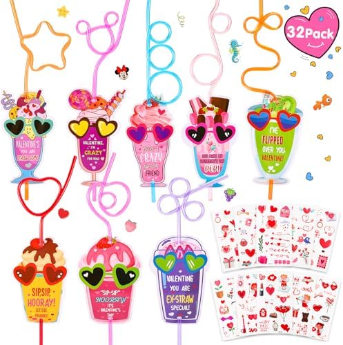 32 Packs Crazy Straws Valentines Day Gifts Cards for Kids Classroom ...