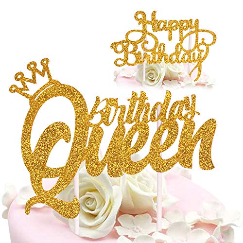 DELIGHTBOX Queen Birthday Cake Topper Gold Glitter Happy Birthday Cake ...