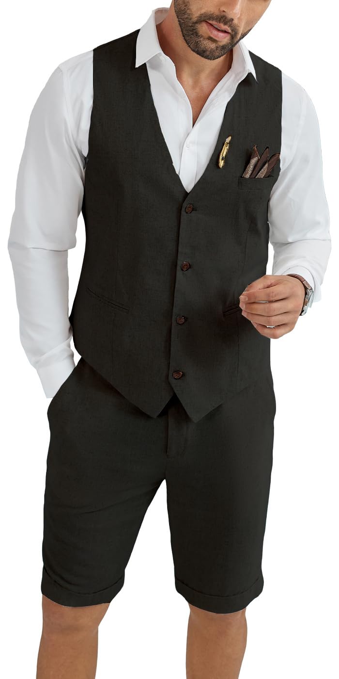 HUEZOE Mens Linen Suit Formal Casual Slim Fit 2 Piece Short Black Suits ...