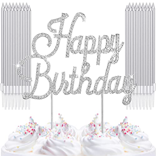 Rhinestone Happy Birthday Cake Topper with 24 Pieces Metallic Birthday ...