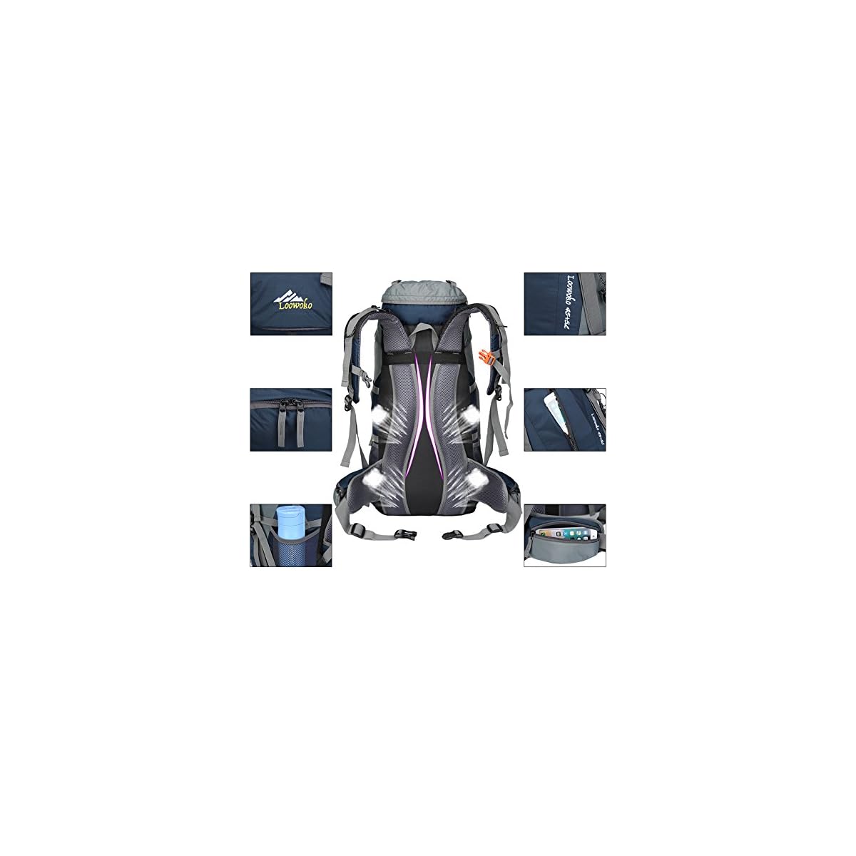 Loowoko Hiking Backpack 50L Travel Camping Backpack with Rain Cover ...