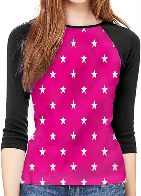 Hot Pink Long-Sleeve White Stars Girlish Casual Polyster O Neck Sport T ...