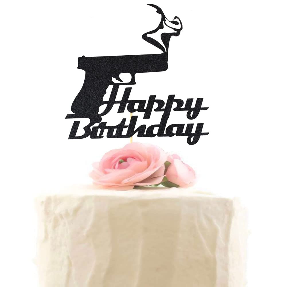 Handgun Happy Birthday Cake Topper, Black Glitter Gun Pistol Shooting ...