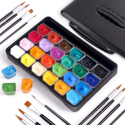 Gouache Paints Set, 24 Colors x 30ml Gouache Paint with 12 Brushes ...
