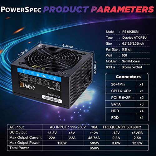 PowerSpec 650W Power Supply Semi Modular 80 Plus Bronze Certified ATX ...