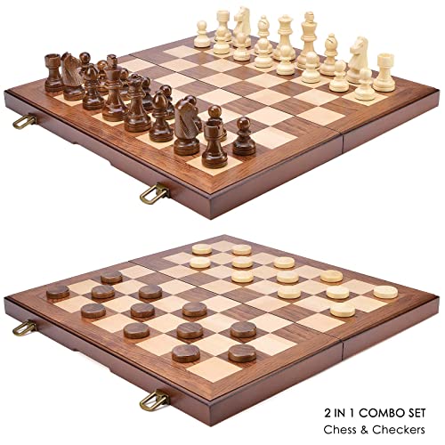 AMEROUS Wooden Chess & Checkers Set with Upgraded Weighted Chess Pieces ...