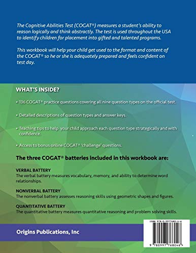 Practice Test for the CogAT Grade 1 Form 7 Level 7: Gifted and Talented ...