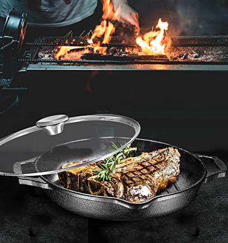 Pre-seasoned Deep Round Grill Cast Iron Griddle Pan with Glass Lid 10 ...