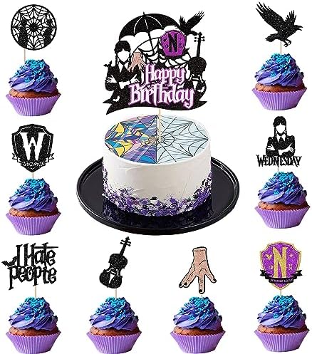 YCTHUNFISH 25 Pack Wednesday Birthday Addams Cake Topper Glitter ...