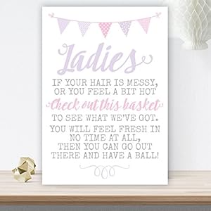 Two Lilac & Pink Wedding Toiletry Bathroom Basket Signs for Ladies and ...