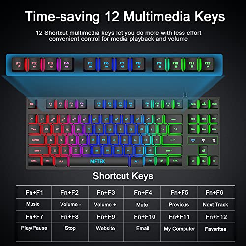 MFTEK RGB Rainbow Gaming Keyboard and Mouse Combo, Compact 87 Keys ...