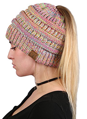 Funky Junque Women's Beanie Ponytail Messy Bun BeanieTail Multi Color Ribbed Hat Cap | Amazon ...