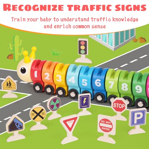 Wooden Caterpillar Train Set with Number Learning, Traffic Signs, and ...