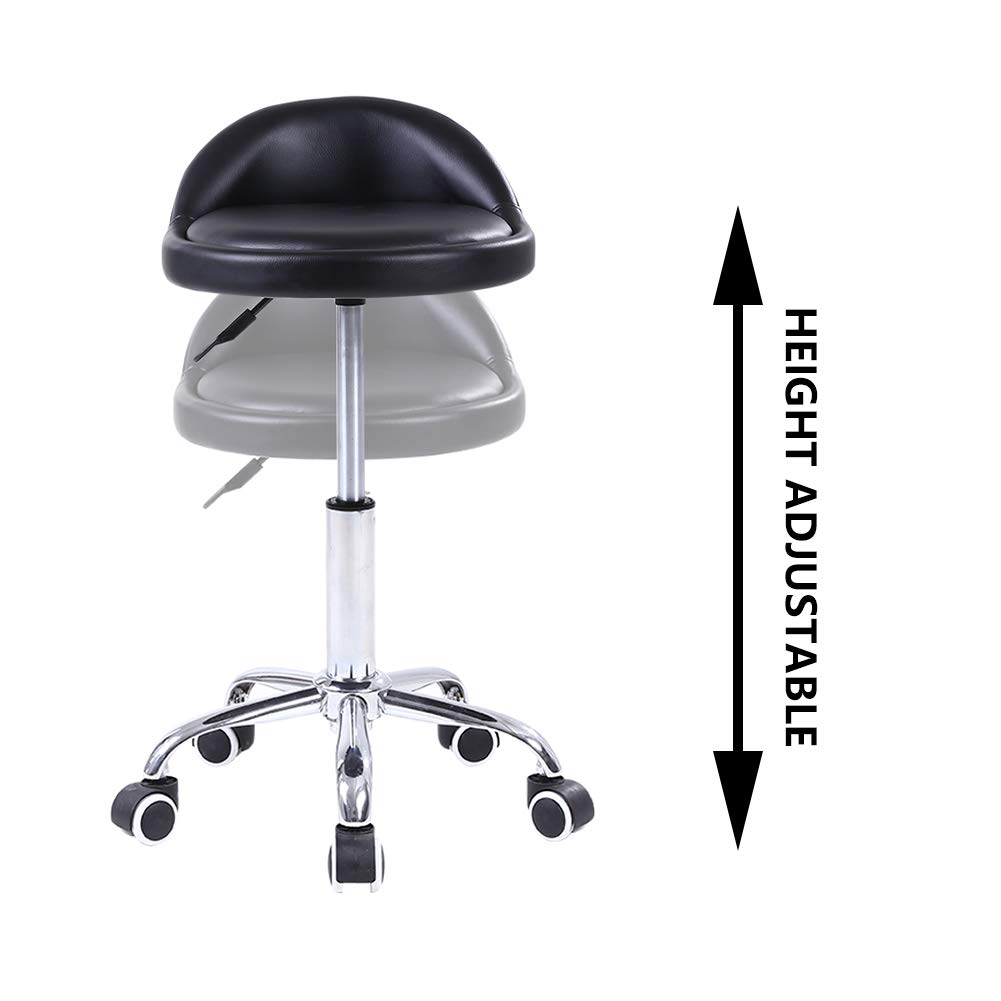KKTONER PU Leather Round Rolling Stool with Back Rest Height Adjustable ...
