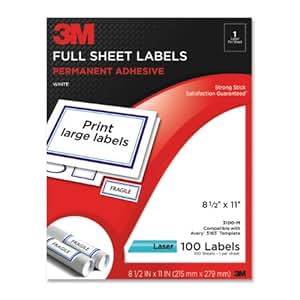 Amazon.com : 3M Permanent Adhesive Full Sheet Labels, 8.5 x 11 Inches ...