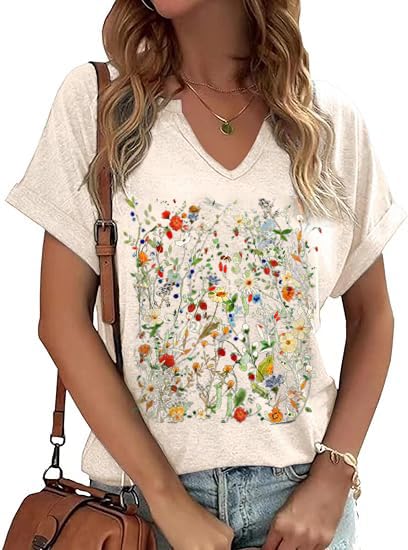 V Neck Shirt for Women Floral Flowers Vintage Boho Wildflowers Graphic ...