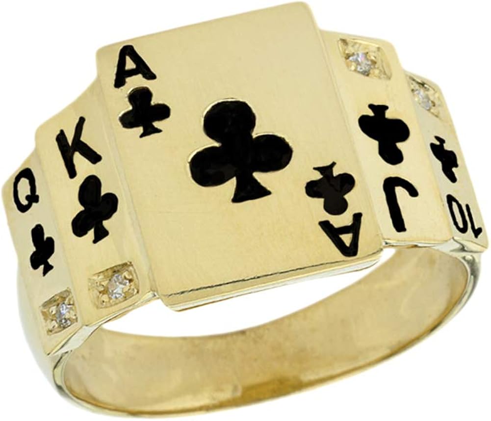 Ace of Clubs Royal Flush Diamond Ring in Yellow 9 ct Gold with Black ...