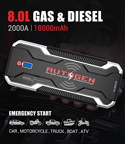 AUTOGEN 2000A Jump Starter 18000mAh Jump Boxes for Vehicles, Up to 8L ...
