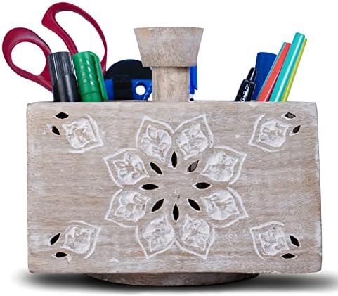 Spinning Wooden Pen Holder with 4 Compartments - 360-Degree Rotating ...