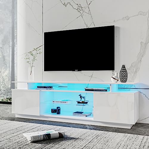 DMAITH White LED TV Stand for 65 70 75 Inch TV, Modern High Gloss ...