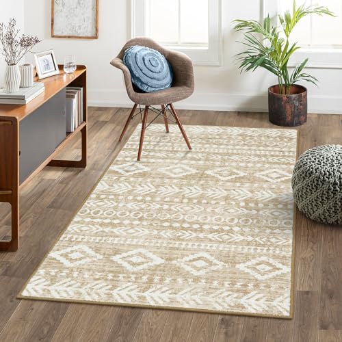 Lahome Boho Geometric 3x5 Rug, Low-Pile Soft Washable Tan Bedroom Rug ...