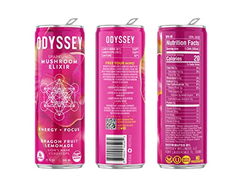 Odyssey Elixir Energy And Focus Sparkling Mushroom Drink 12 Fl Oz Dragon Fruit Lemonade Flavor