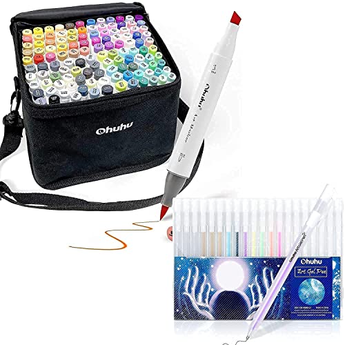 Ohuhu Markers Brush Tip, Alcohol Art Marker Set (Chisel & Brush) Gold ...